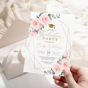 Blush Pink Flowers & Gold Frame Graduation Party Invitation, Printable ...