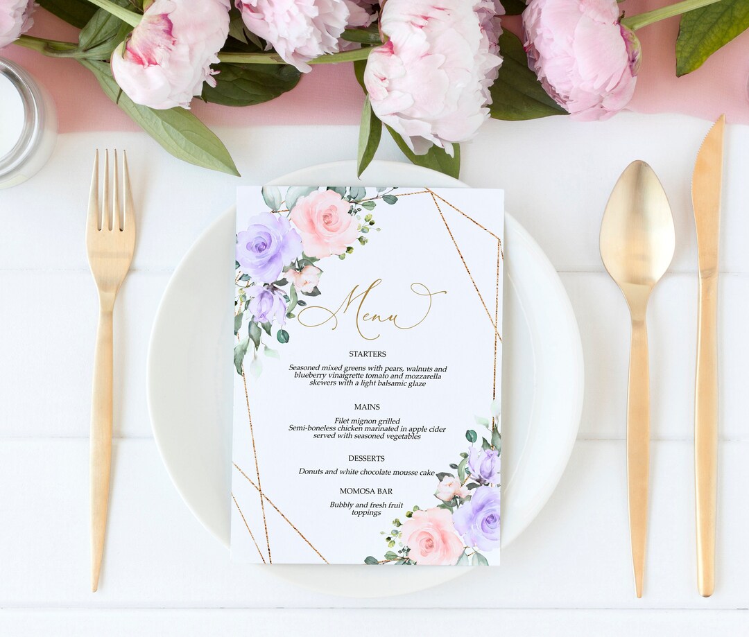 Blush Pink & Violet Flowers Menu, EDITABLE Template, Printable Boho ...