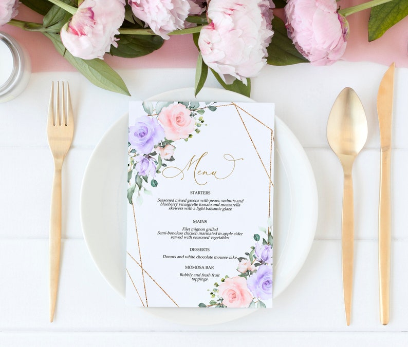 Blush Pink & Violet Flowers Menu EDITABLE Template Printable | Etsy