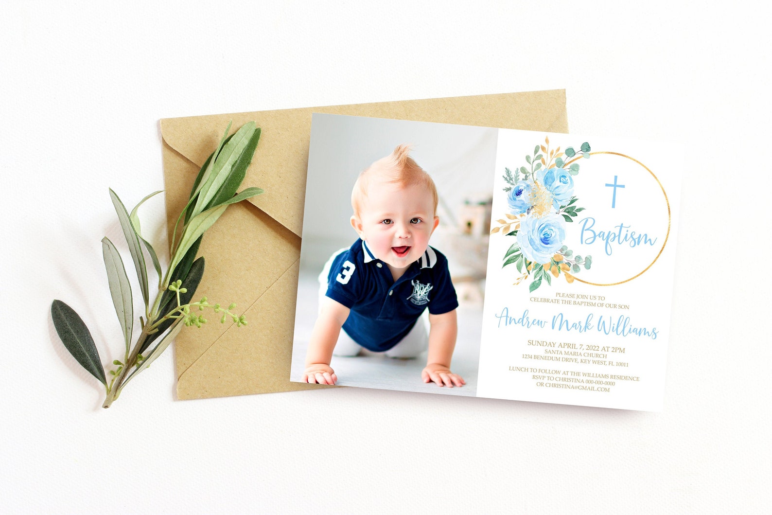 Blue Floral Baptism Invitation EDITABLE Template Blue Rose | Etsy