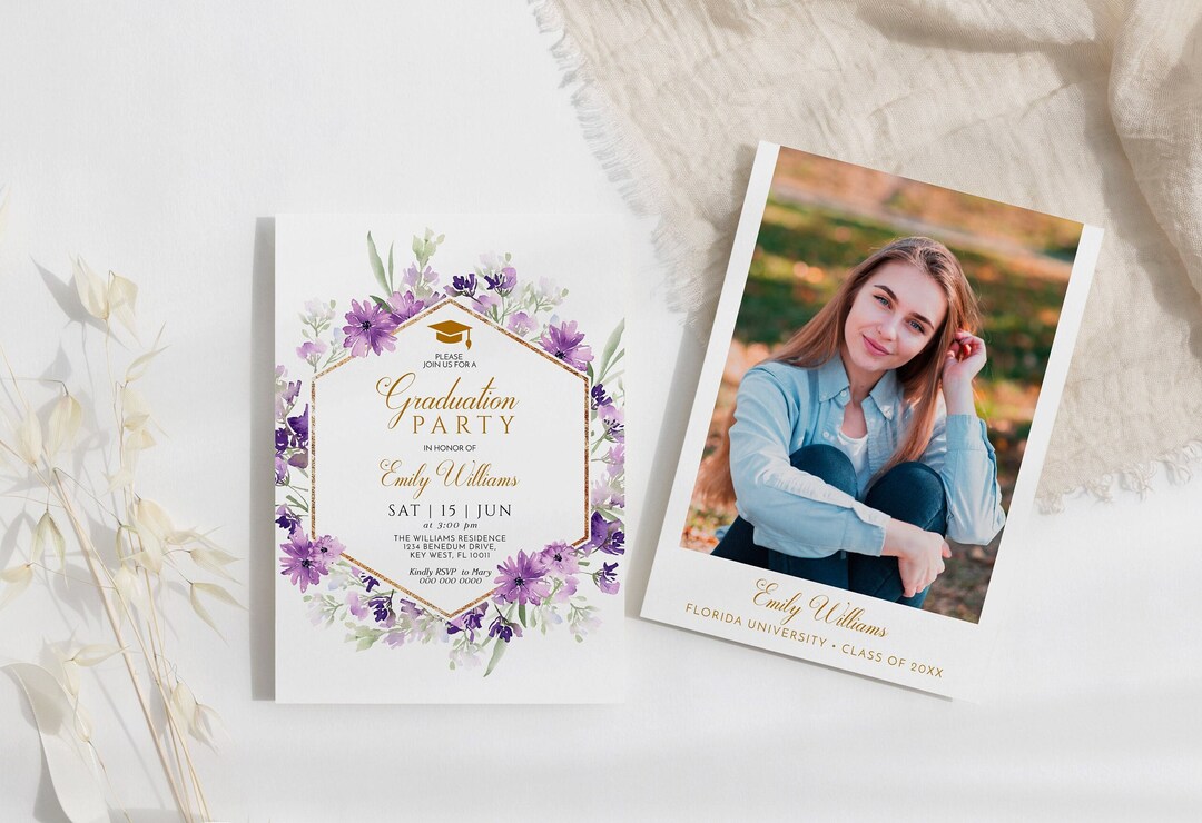Purple Graduation Party Invitation, Printable Rustic Violet Flowers ...
