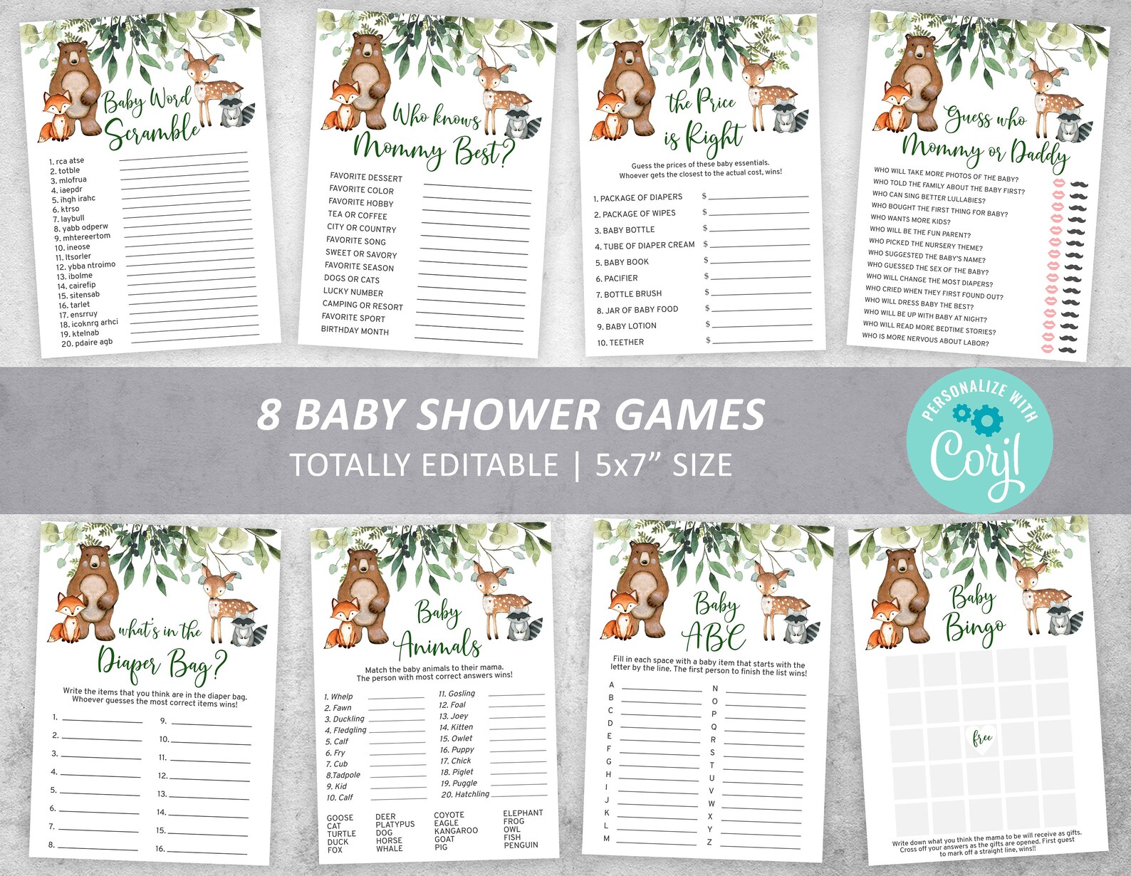 Woodland Baby Shower Game Set, 100% EDITABLE, Greenery Games Bundle ...