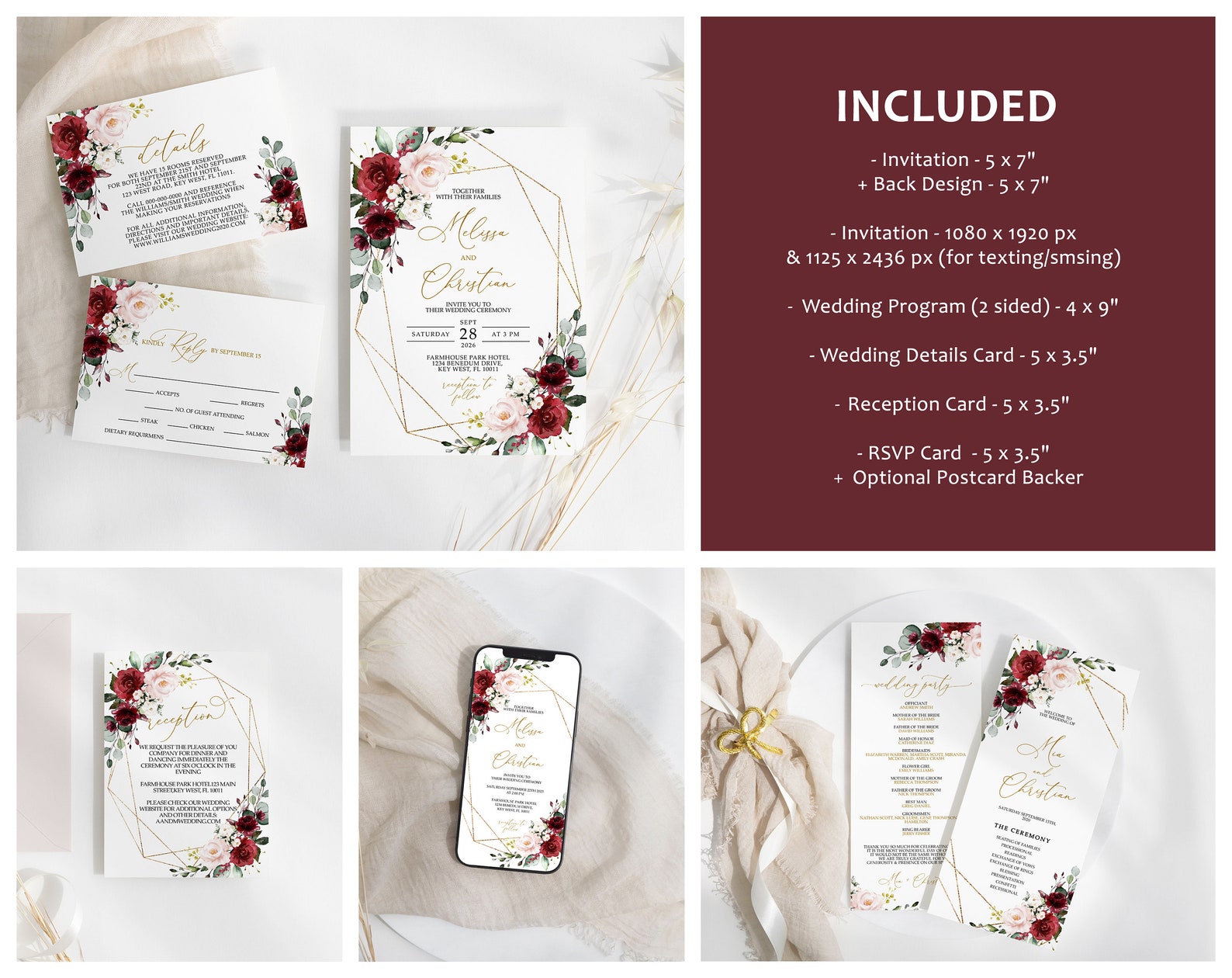 Marsala Rose Wedding Invitation Bundle: Editable Gold Frame (digital ...