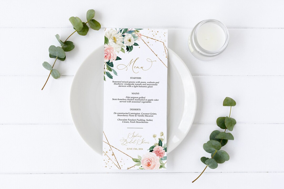Boho Blush Pink Flowers Menu, EDITABLE Template, Printable Wedding Menu ...