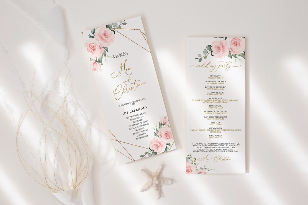 Blush Pink Flowers Wedding Program EDITABLE Template Boho - Etsy