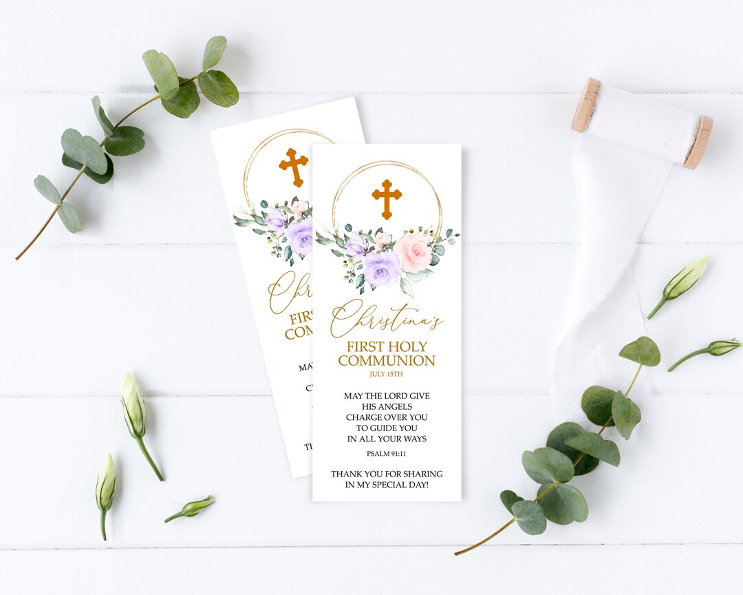 First Holy Communion Bookmark Template, EDITABLE, Blush Pink & Violet ...