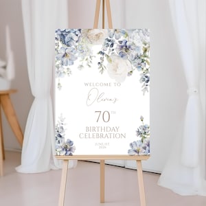Elegant Blue Hydrangea Birthday Welcome Sign | EDITABLE Template ...