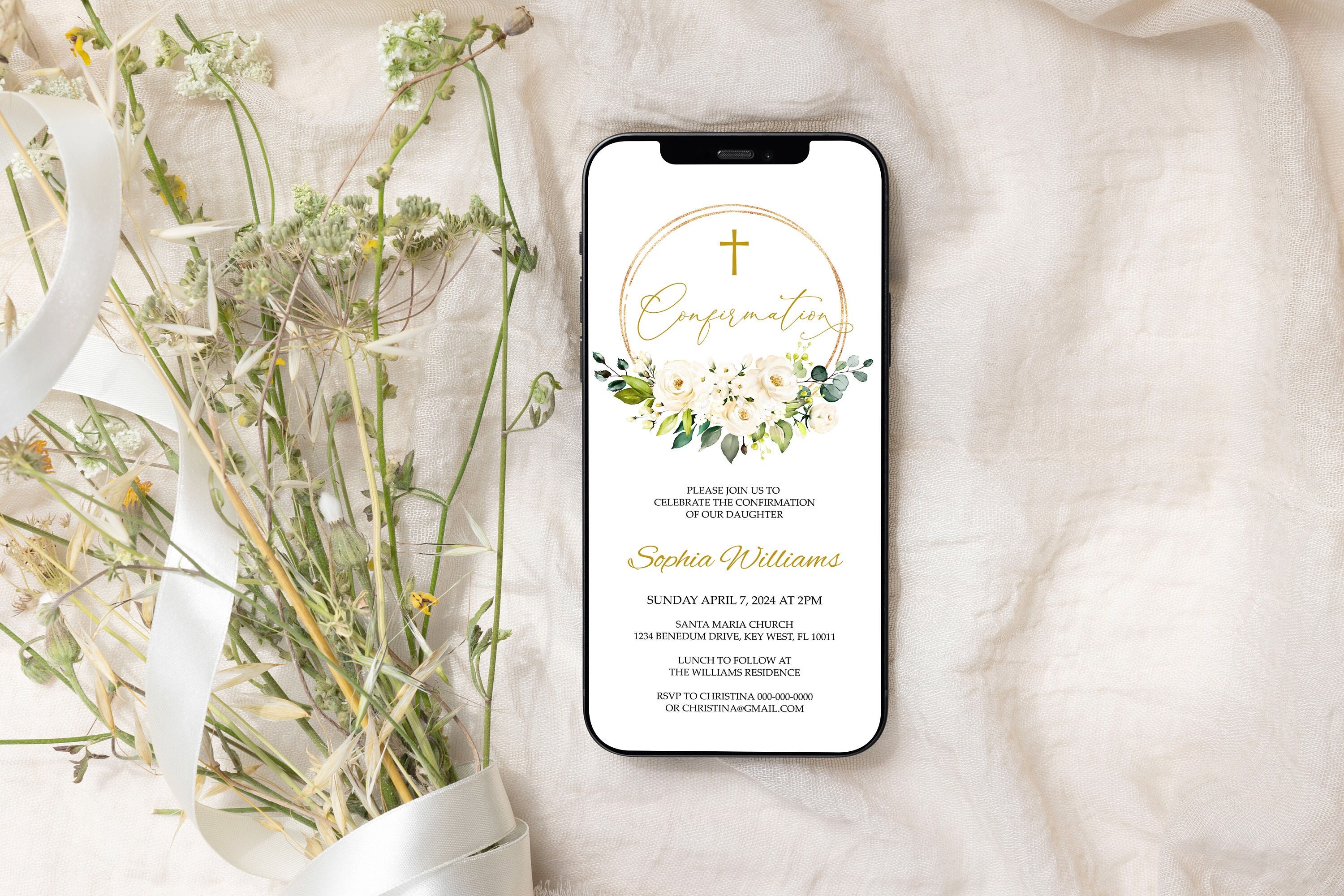 Floral Confirmation Invitation Template: White Flowers, Greenery ...