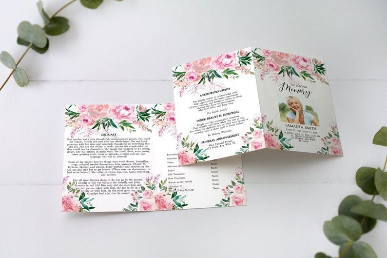 Pink Rose Funeral Program Template EDITABLE Printable - Etsy