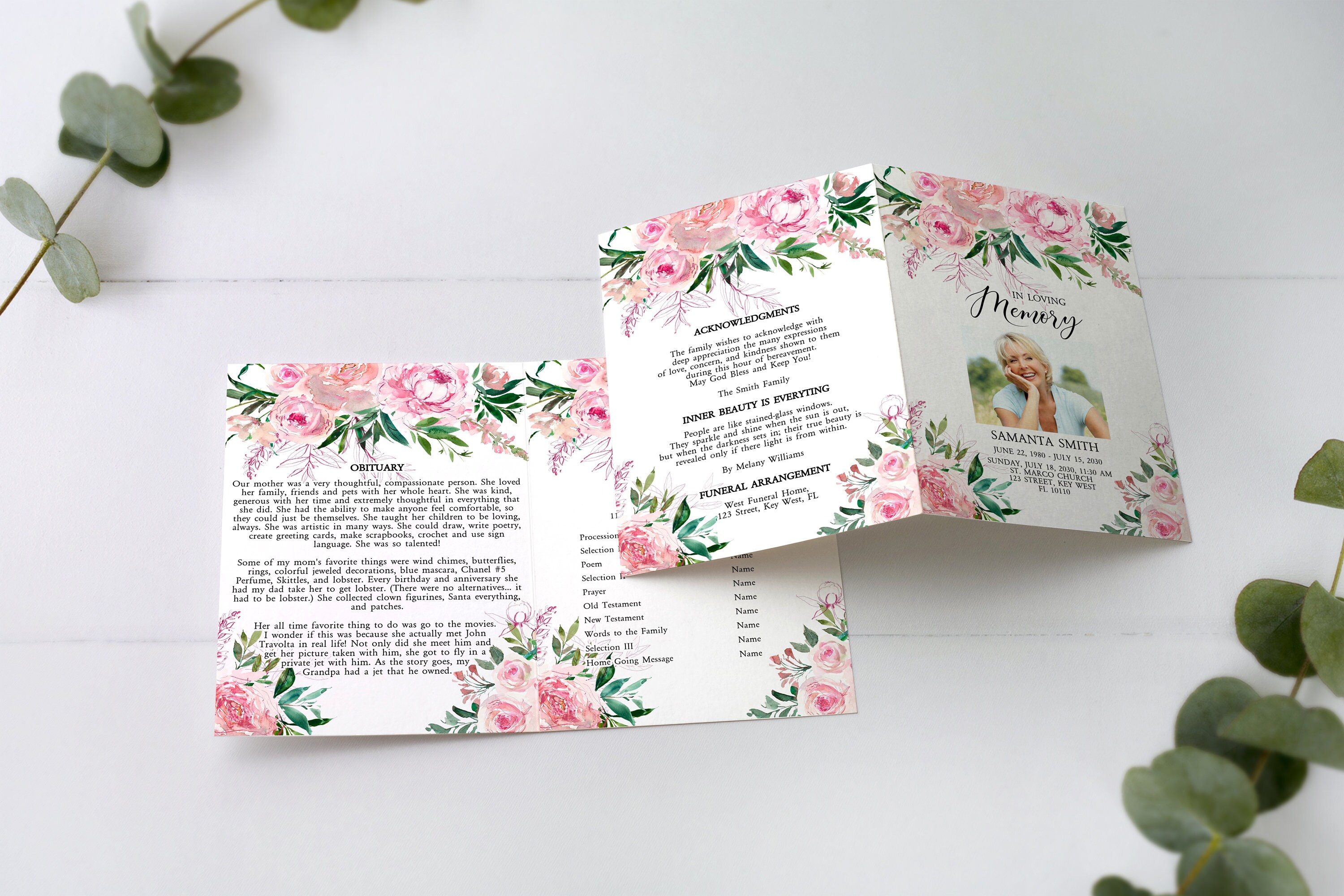 Pink Rose Funeral Program Template EDITABLE Printable - Etsy