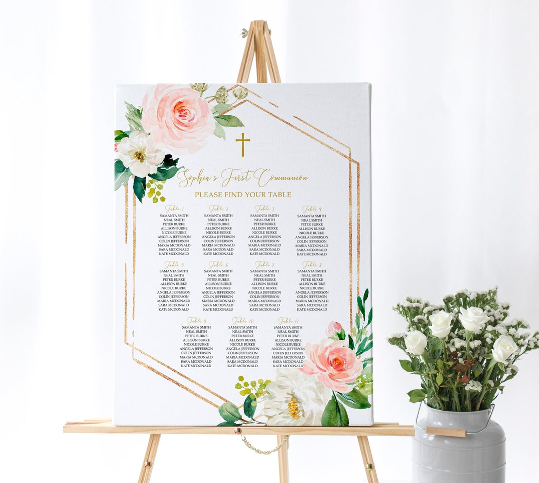 Floral First Communion Seating Chart: Boho Pink Rose Template (EDITABLE ...