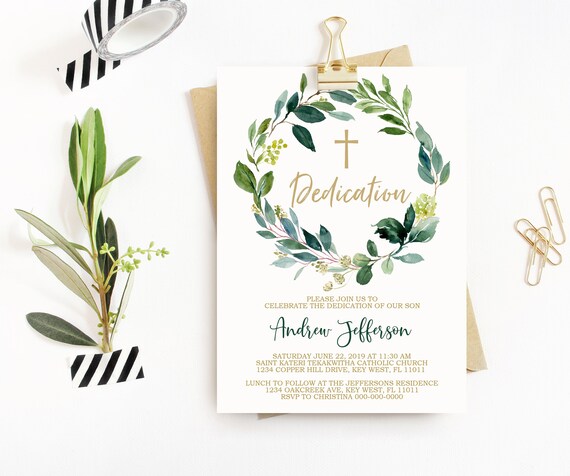 Dedication Invitation Template 100% Editable Greenery | Etsy