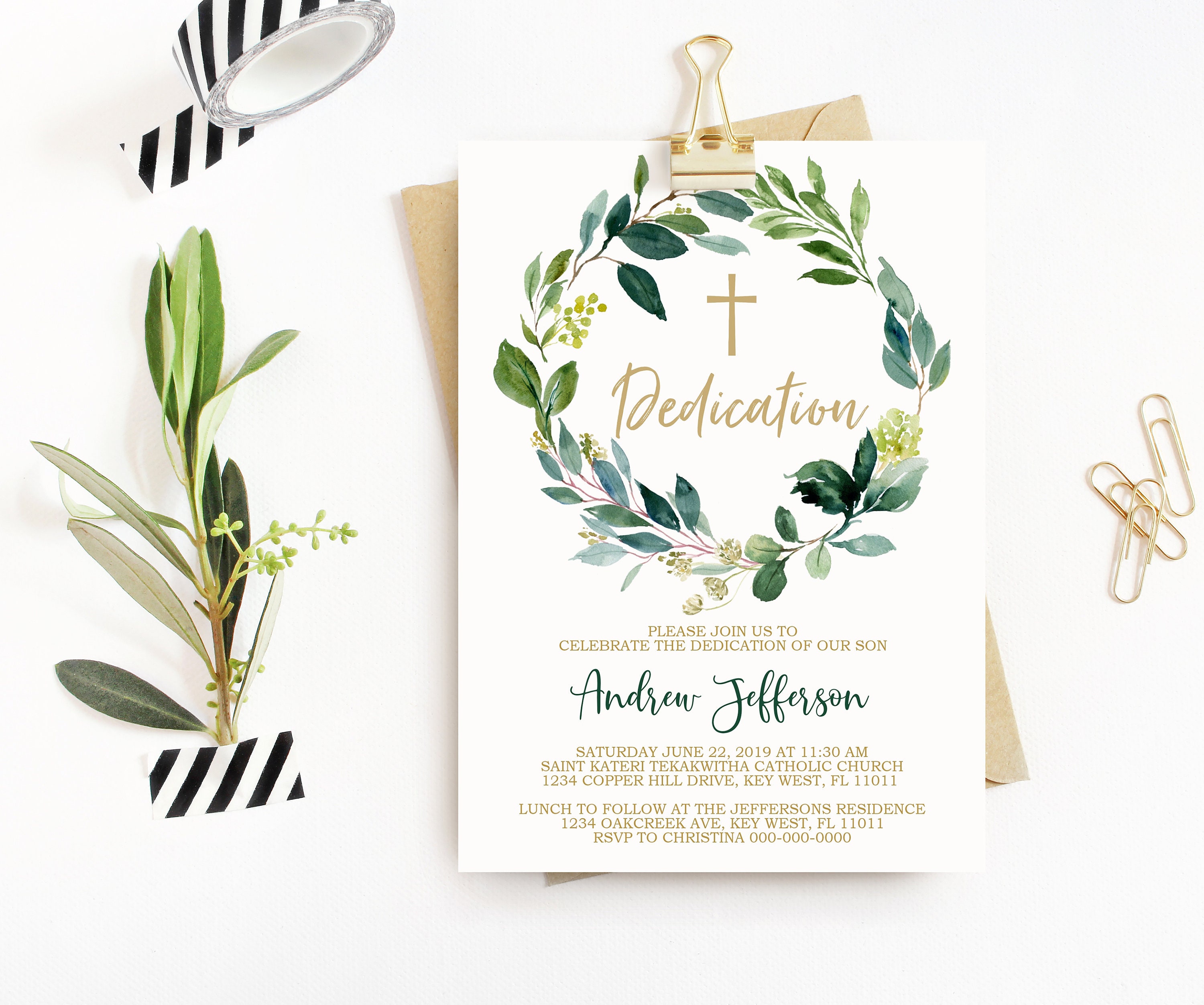 Dedication Invitation Template 100% Editable Greenery | Etsy