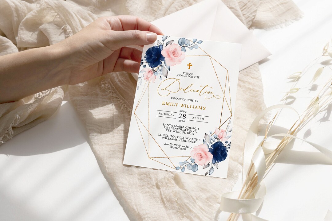 Blush Pink & Navy Floral Dedication Invitation, EDITABLE Royal Blue ...