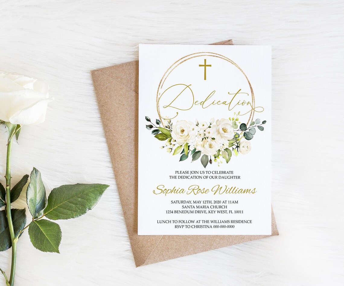 Dedication Invitation EDITABLE Template White Flowers - Etsy