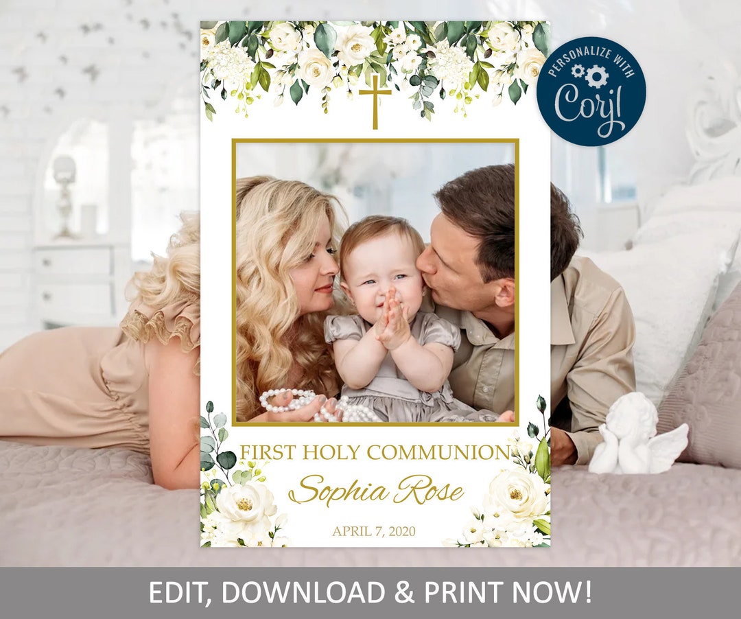 EDITABLE First Holy Communion Photo Booth Frame, White Flowers Baptism ...
