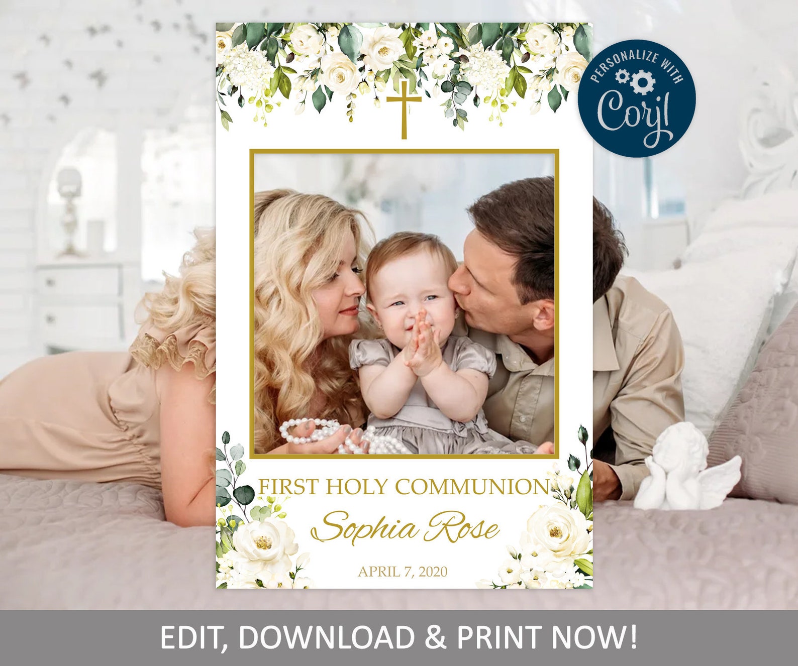 Floral First Communion Photo Booth Frame: Editable Selfie Prop (digital ...
