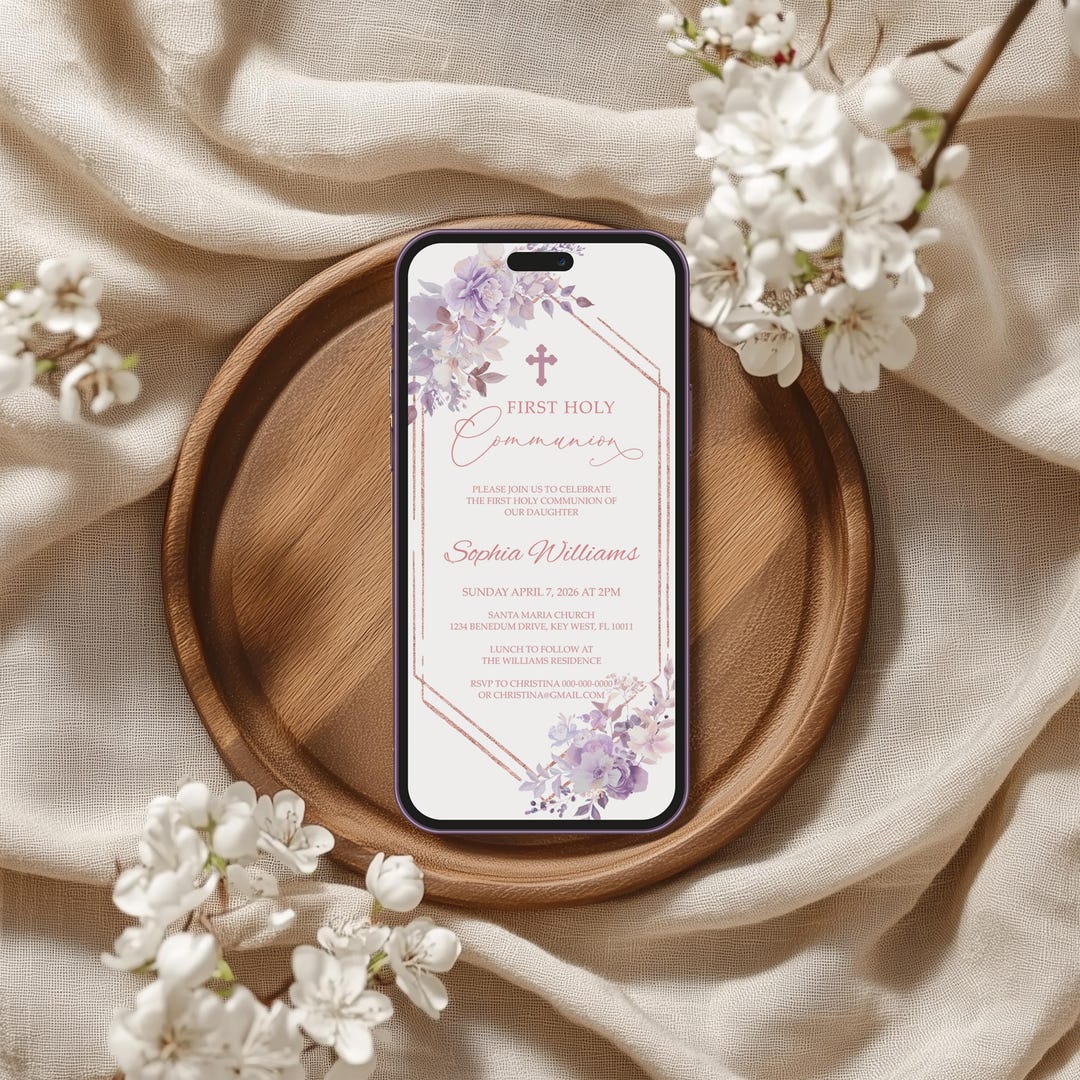 Purple Flowers First Holy Communion Electronic Invitation Template ...