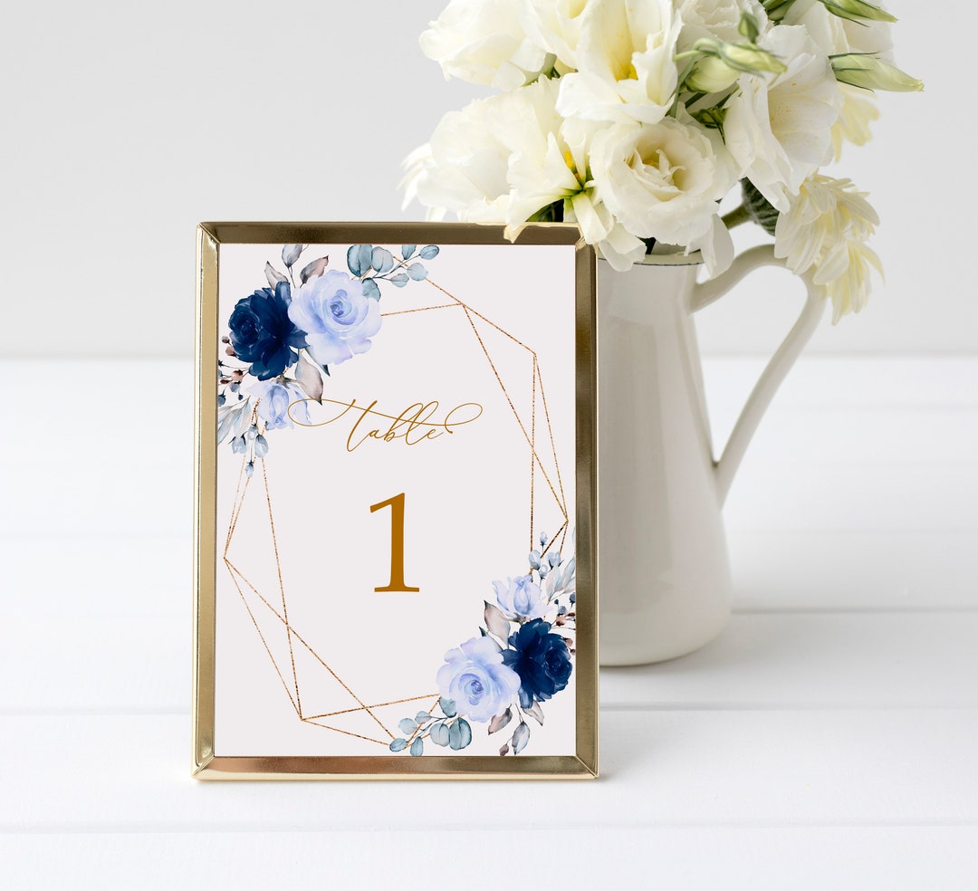Navy Blue Floral Table Numbers: Editable Gold Frame (digital Download ...