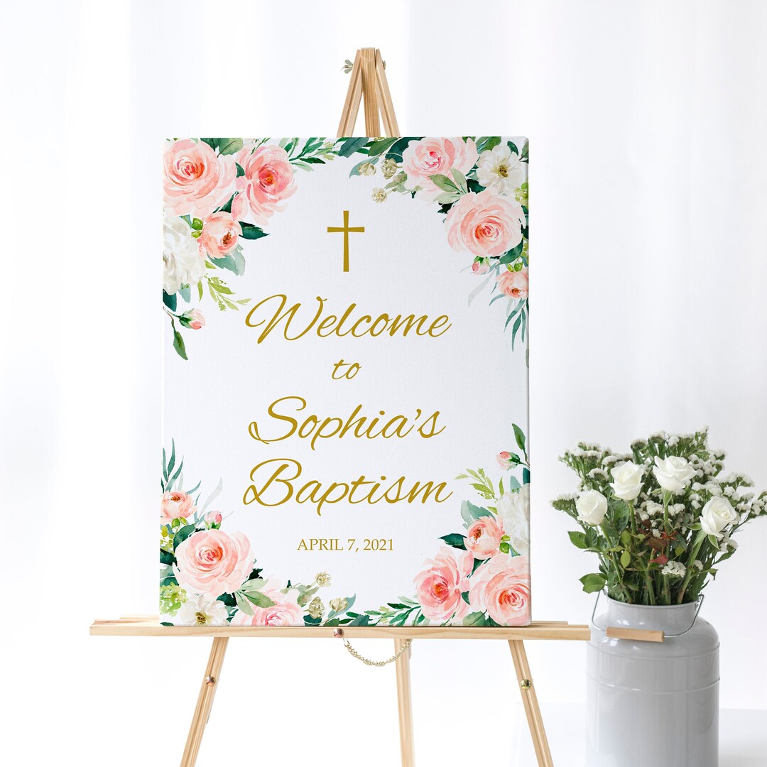 Signe de bienvenue de baptême floral, EDITABLE, Blush Pink and Gold ...