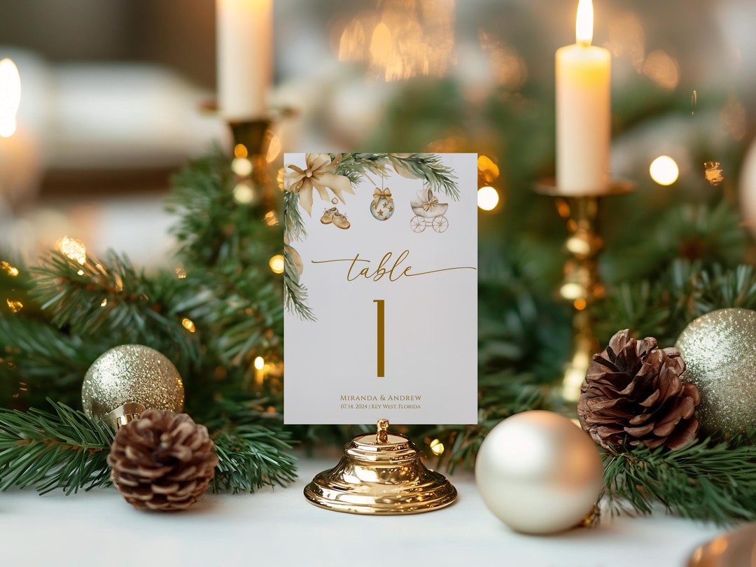 Christmas Table Numbers Editable Template Printable Pine and Gold Bow ...