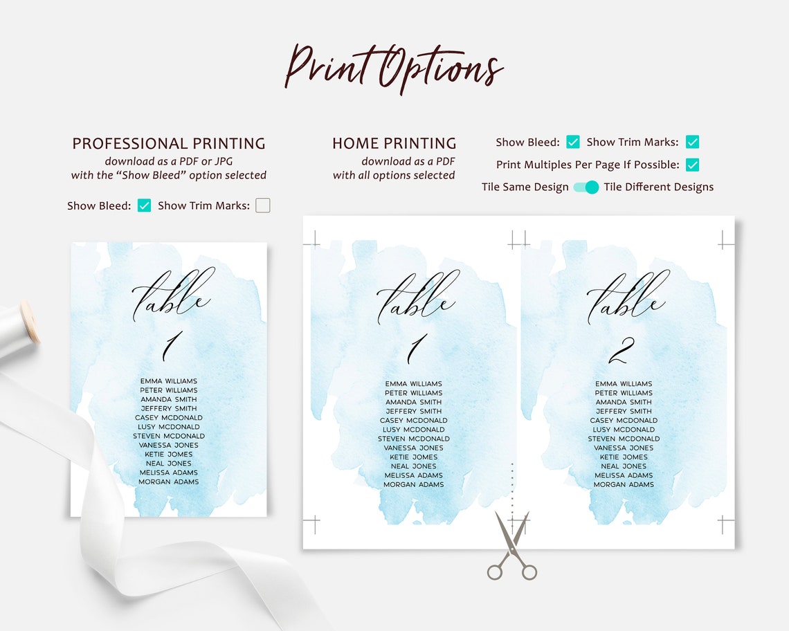 Blue Watercolor Seating Chart Small Pages EDITABLE Template | Etsy