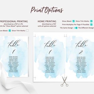 Blue Watercolor Seating Chart Small Pages, EDITABLE Template, Modern ...