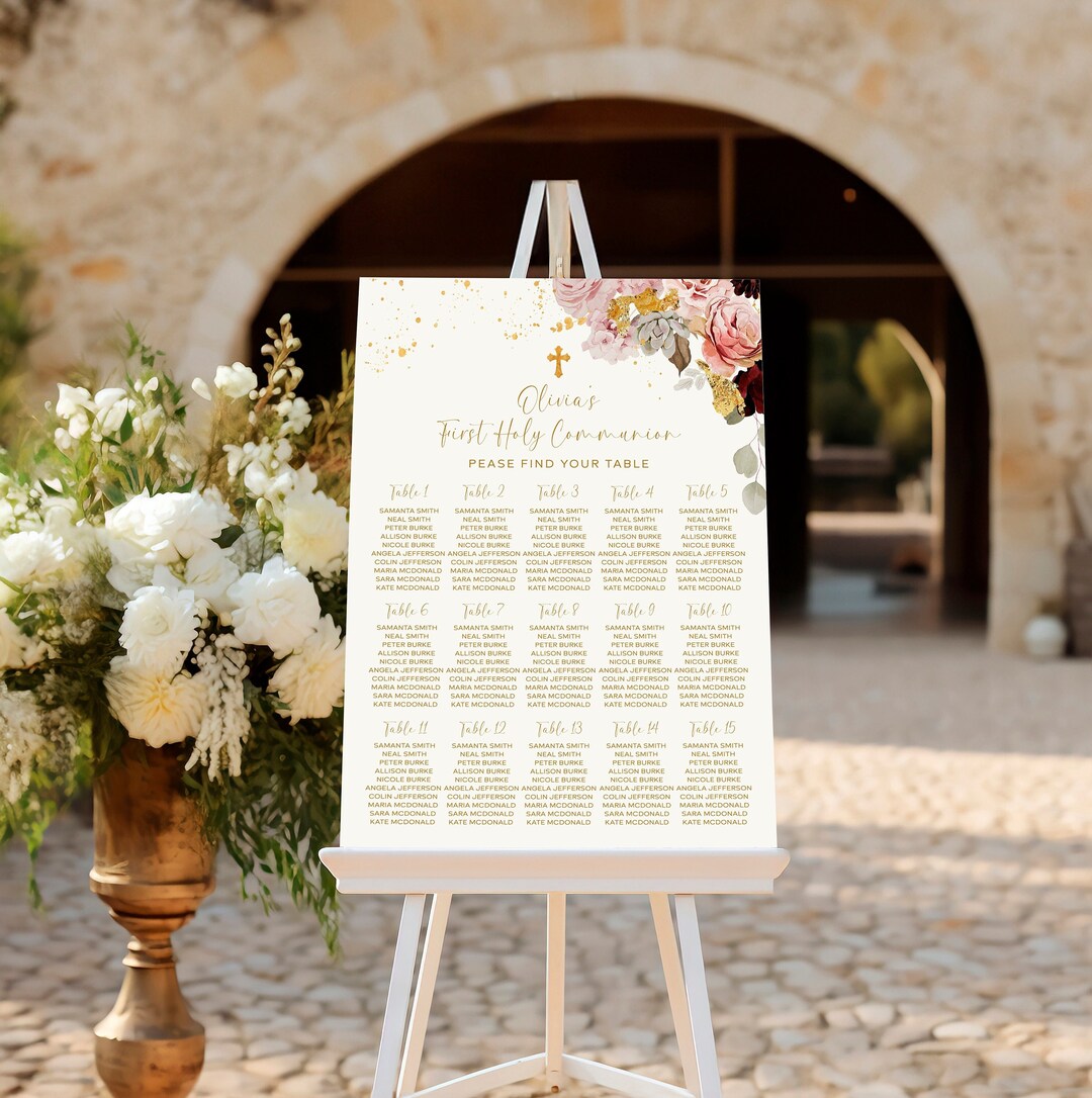 Bohemian First Communion Seating Chart, EDITABLE Boho Floral Table ...