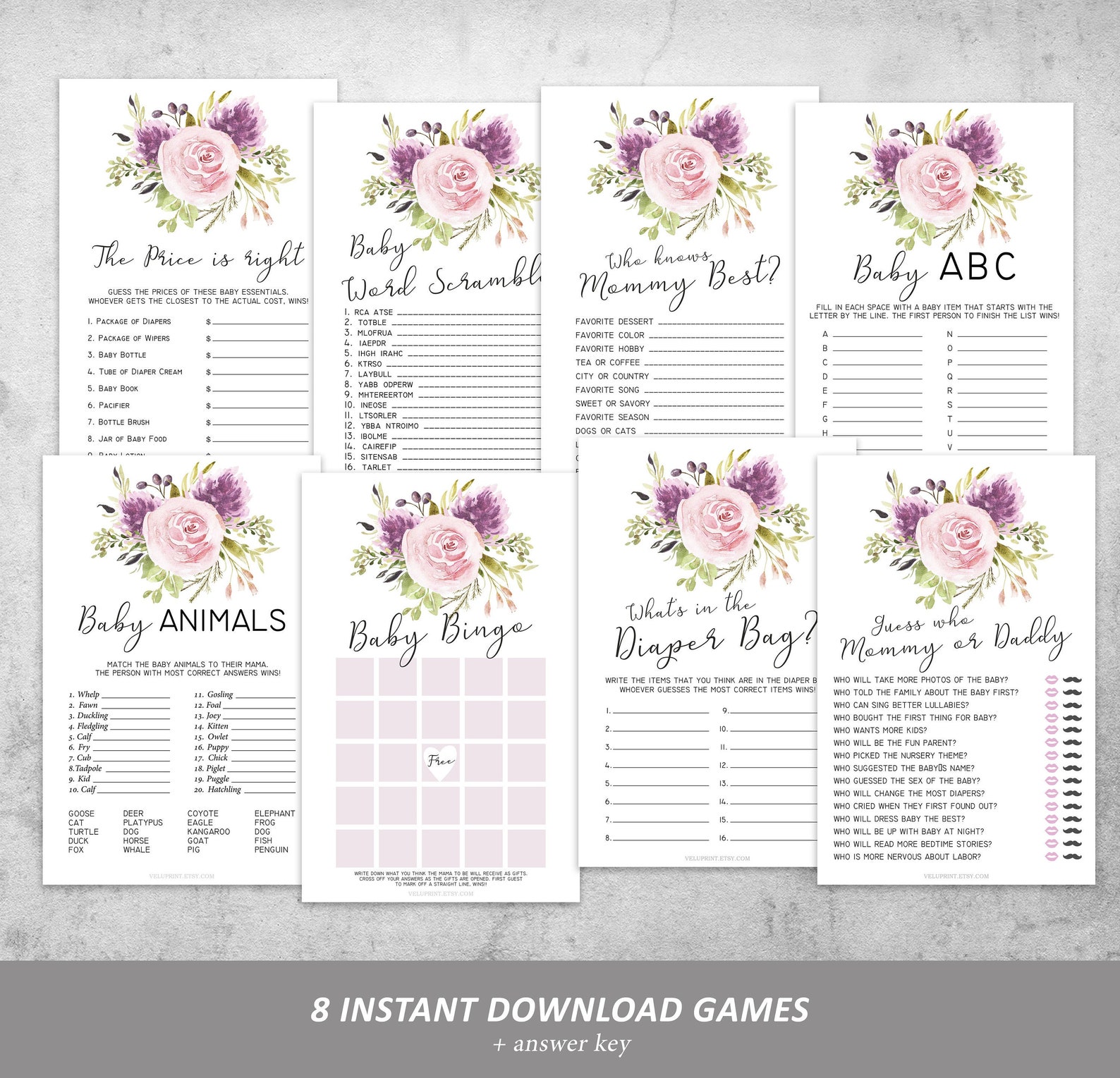 Lavender Baby Shower Games Bundle Purple Floral Game Set | Etsy