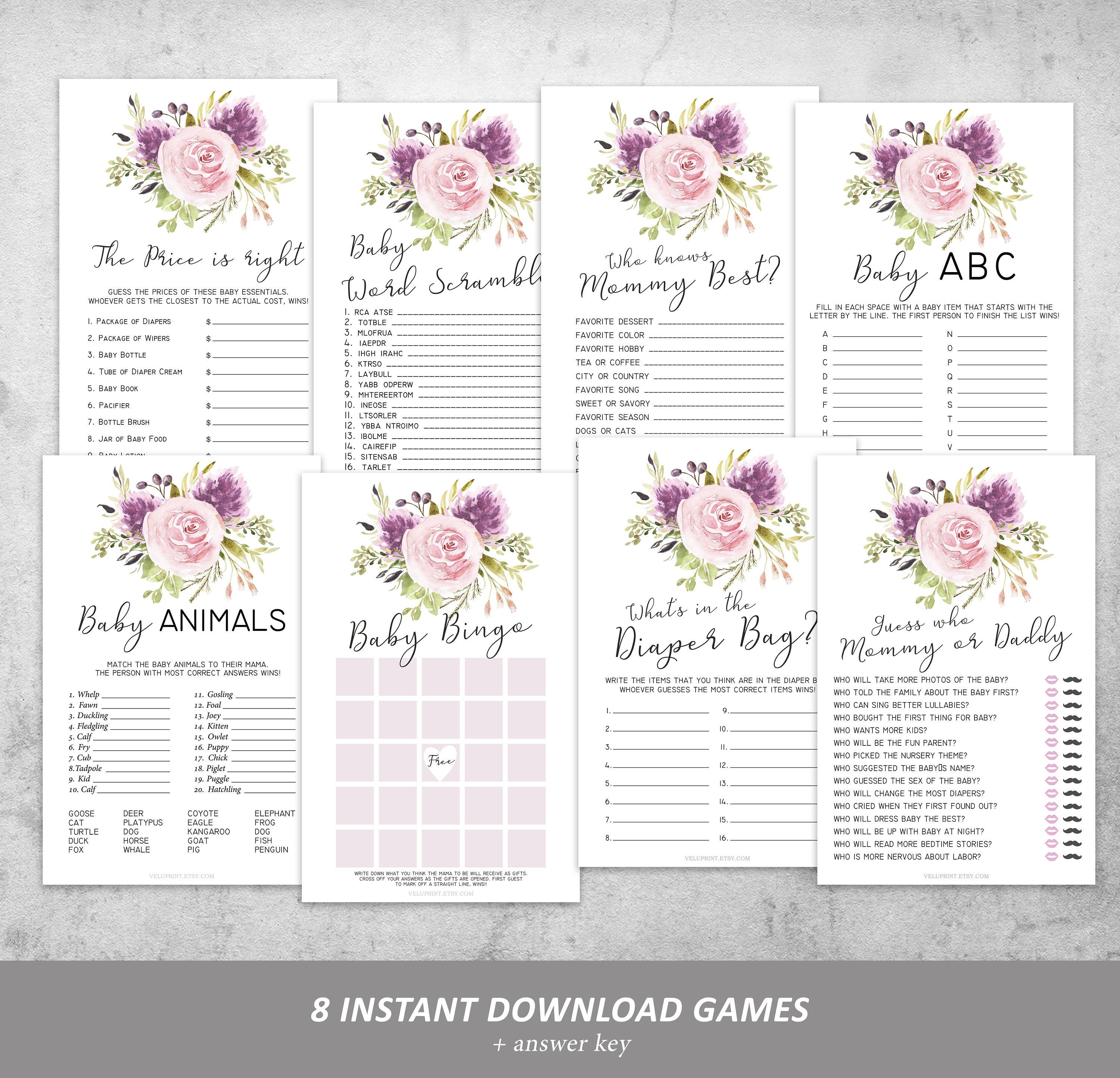 Lavender Baby Shower Games Bundle Purple Floral Game Set | Etsy