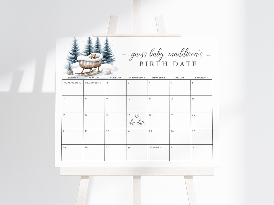Winter Baby Shower Due Date Prediction Calendar Editable Snowy Forest ...