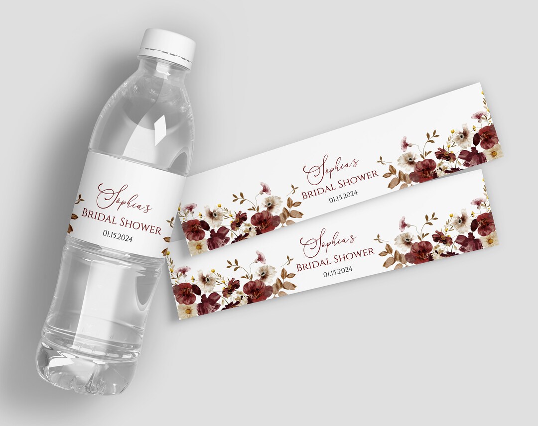 EDITABLE Fall Wildflower Bottle Label, Red & White Flowers Water Labels ...