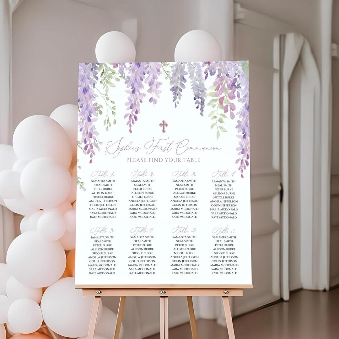 First Communion Seating Chart | EDITABLE Boho Purple Wisteria Table ...