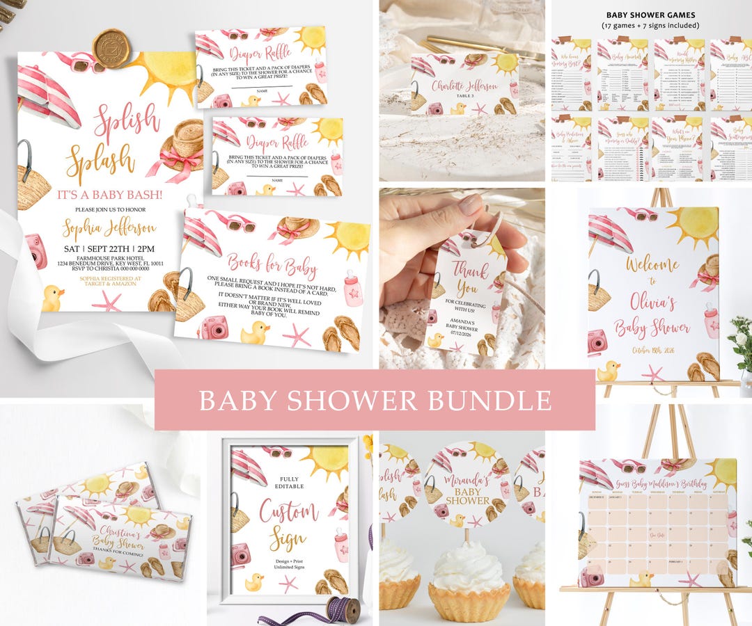 Splish Splash Baby Shower Invitation Bundle | Editable Summer Girl ...