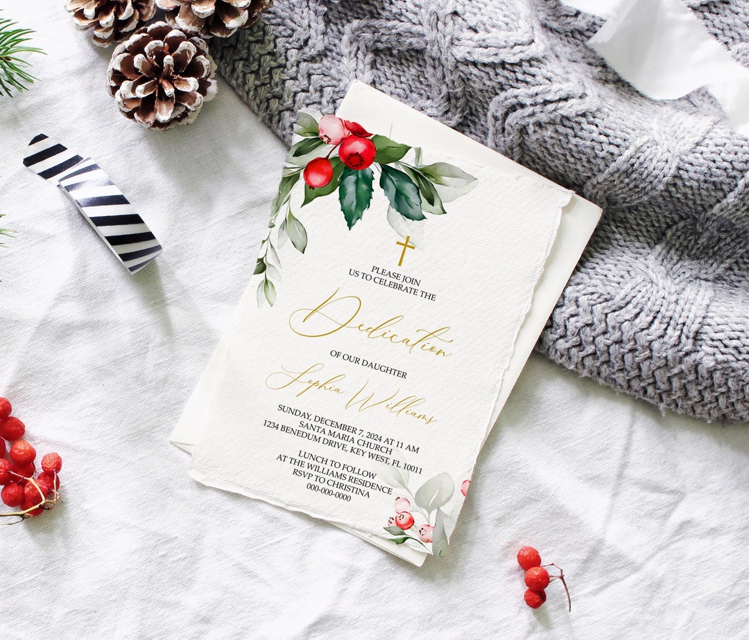 Floral Christmas Dedication Invitation: Neutral Watercolor (EDITABLE ...