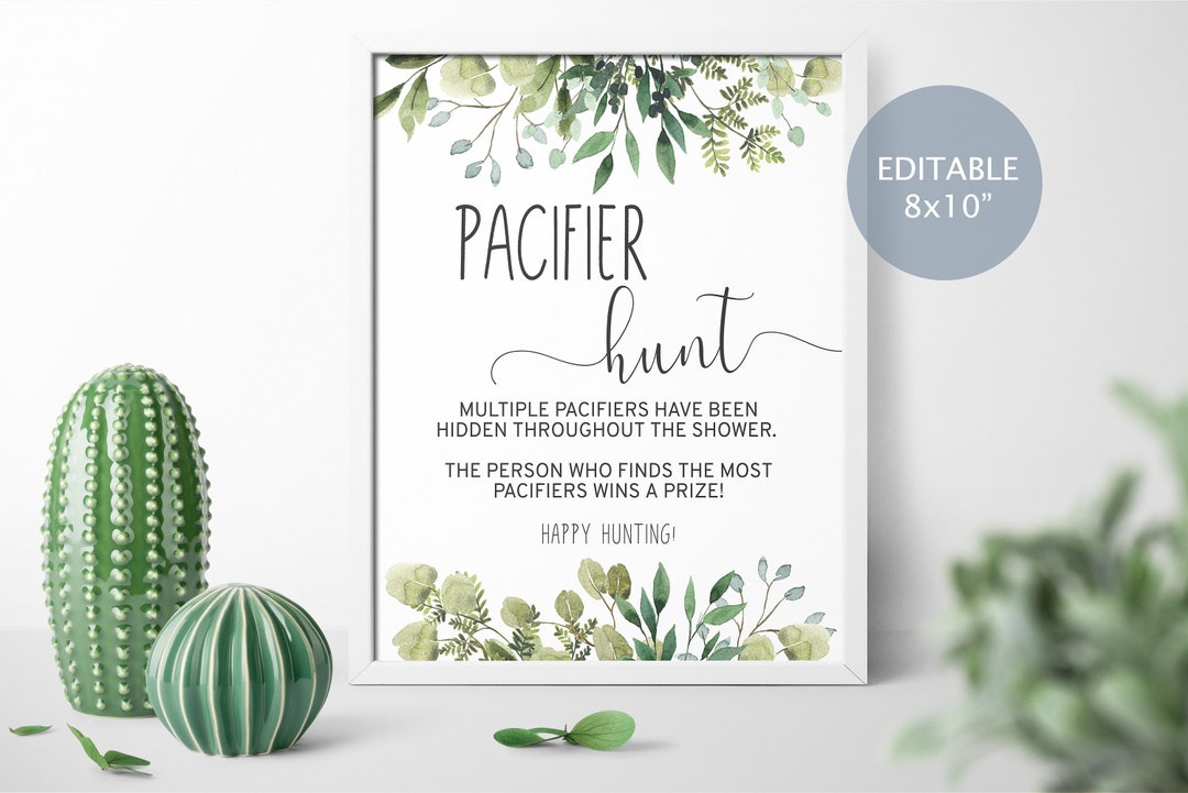 Greenery Pacifier Hunt Sign: Editable Baby Shower Game (digital ...