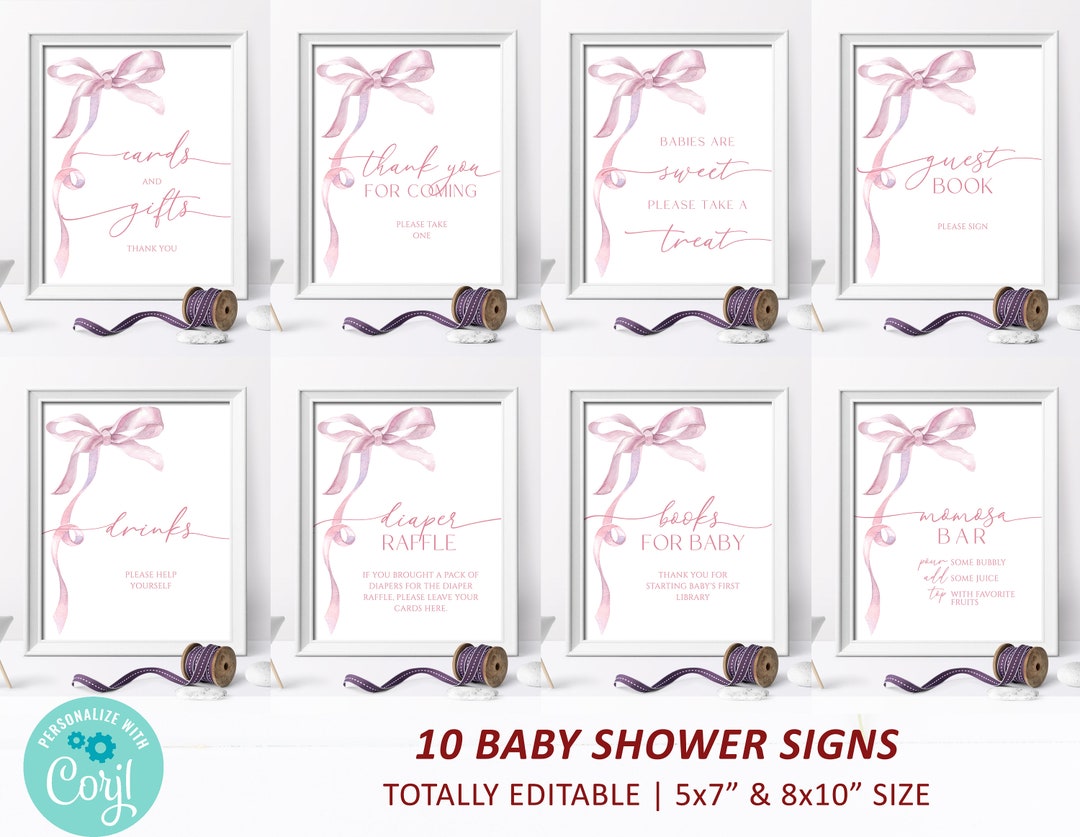 Pink Bow Baby Shower Sign Bundle, EDITABLE Watercolor Ribbon Girl ...