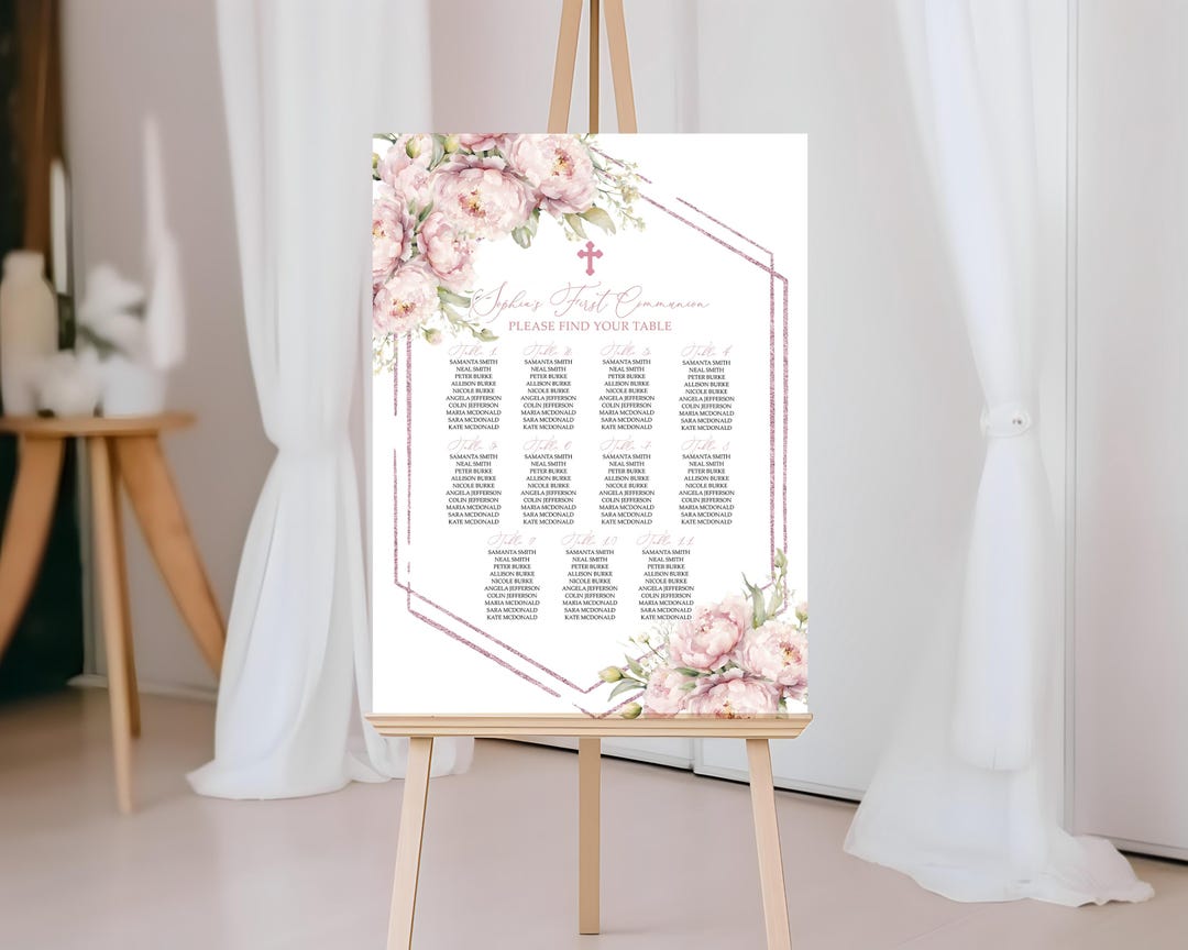 First Communion Seating Chart EDITABLE Blush Pink Flowers Table Poster ...