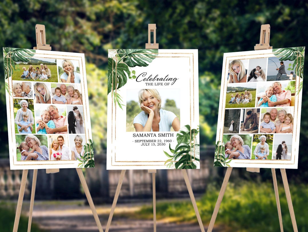 Tropical Funeral Photo Collage Poster: Green Floral Memorial (digital ...