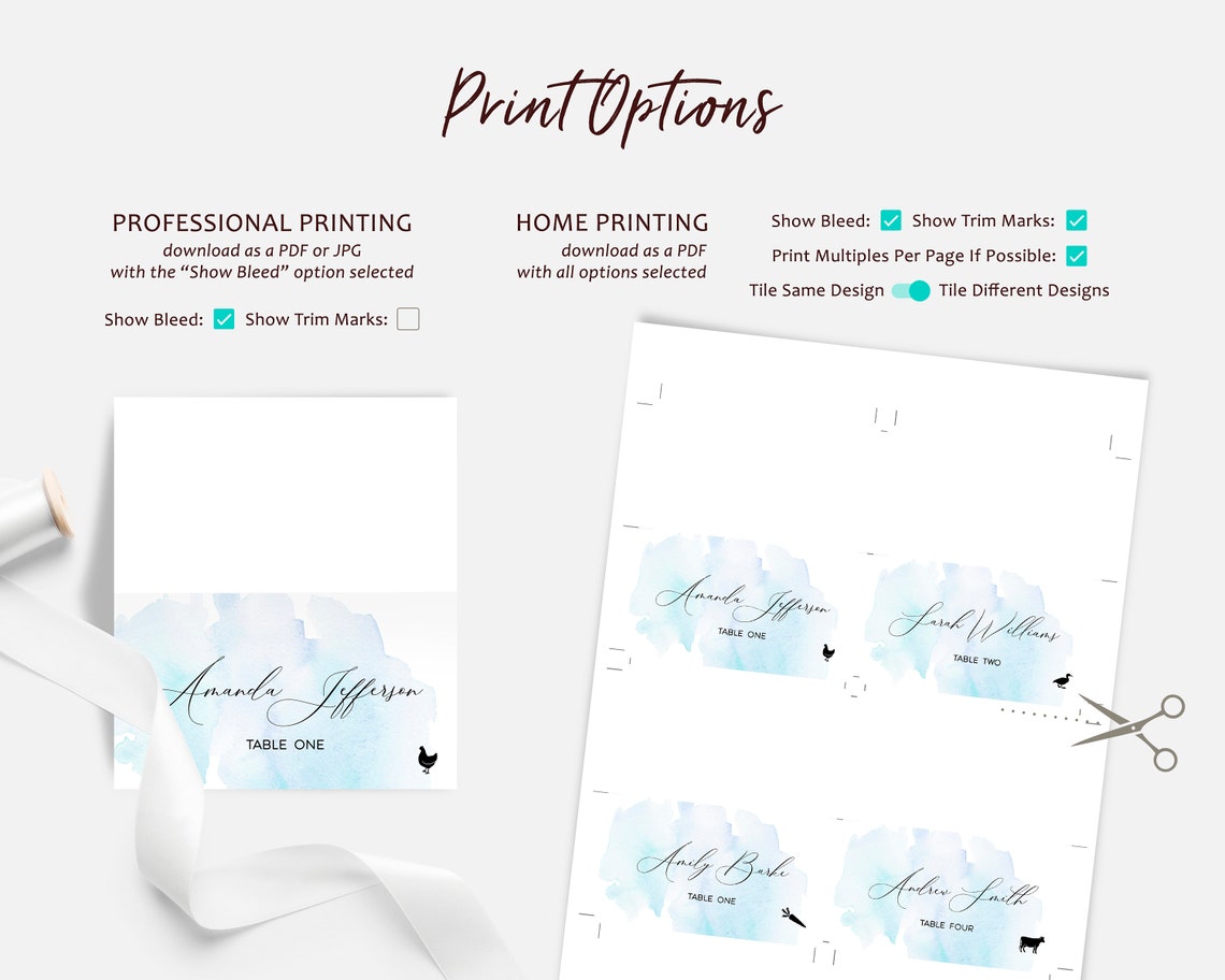 Blue Watercolor Place Cards: Editable Boho Seating Card (printable ...