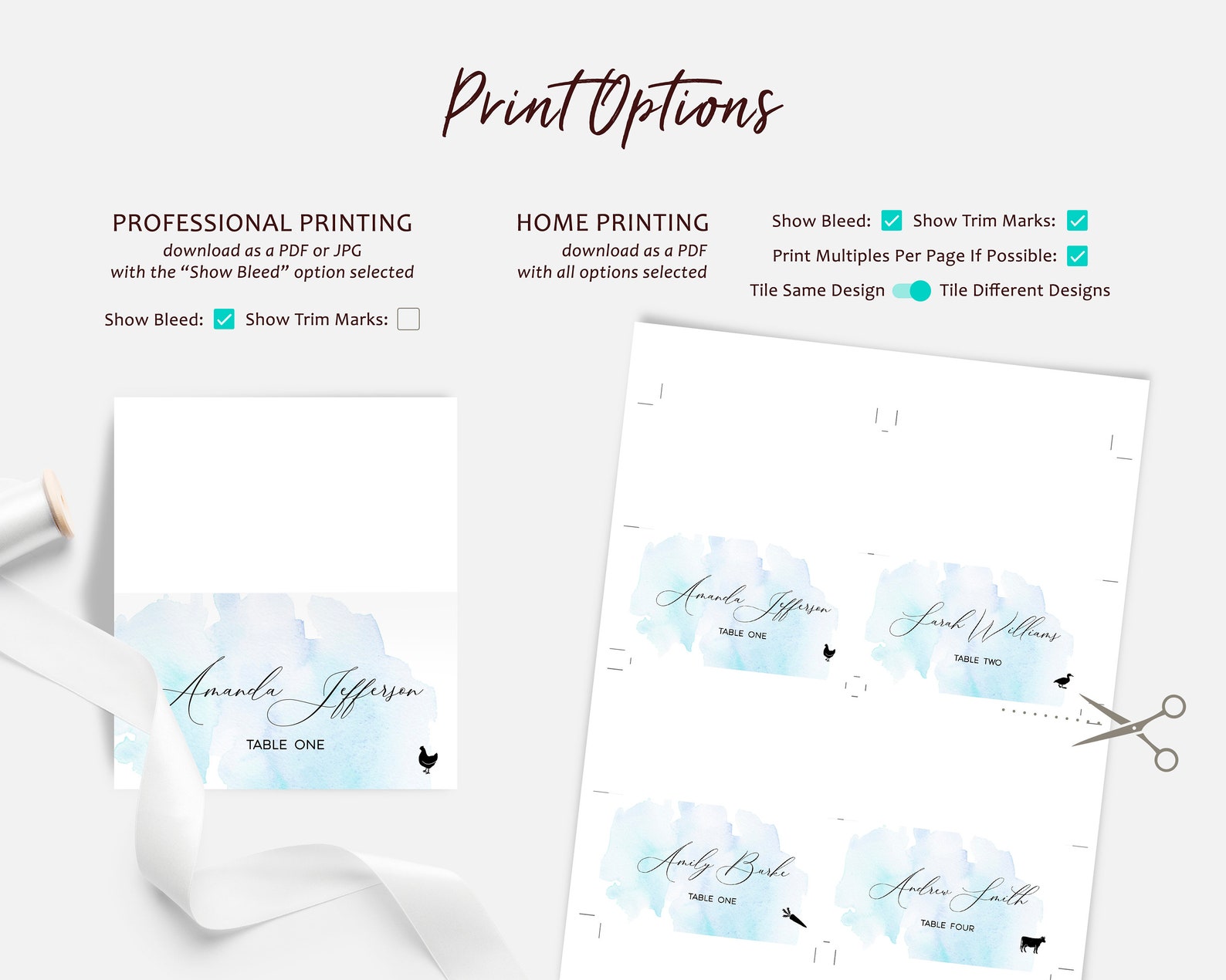 Blue Watercolor Place Cards: Editable Boho Seating Card (printable ...