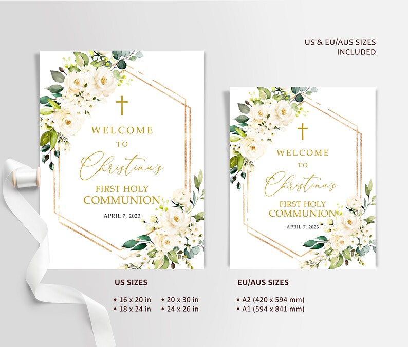 First Holy Communion Welcome Sign EDITABLE Whte Rose & Gold | Etsy