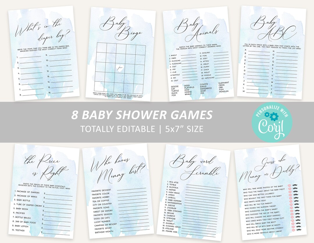 Blue Baby Shower Game Set, EDITABLE Template, Watercolors Games Bundle ...