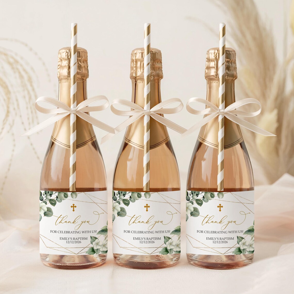 Greenery Cross Baptism Champagne Labels: Mini Wine Favor Tags (editable ...