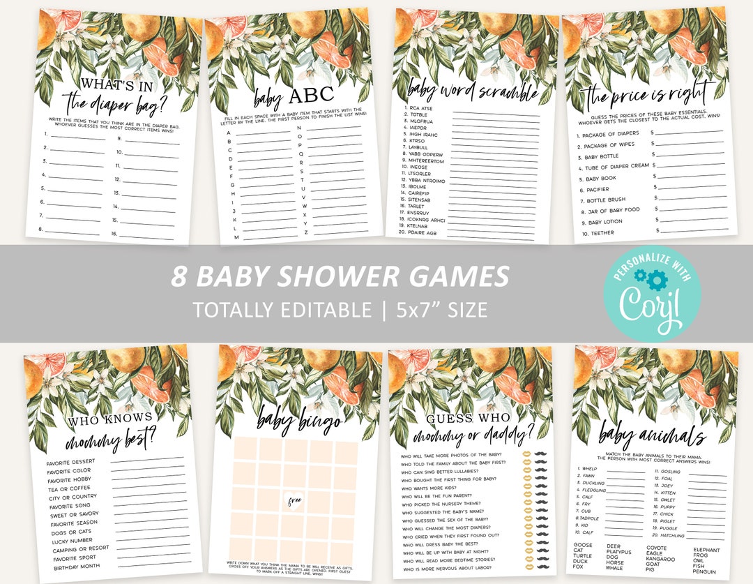 Citrus Baby Shower Games: Orange Floral Party Pack (digital Download ...