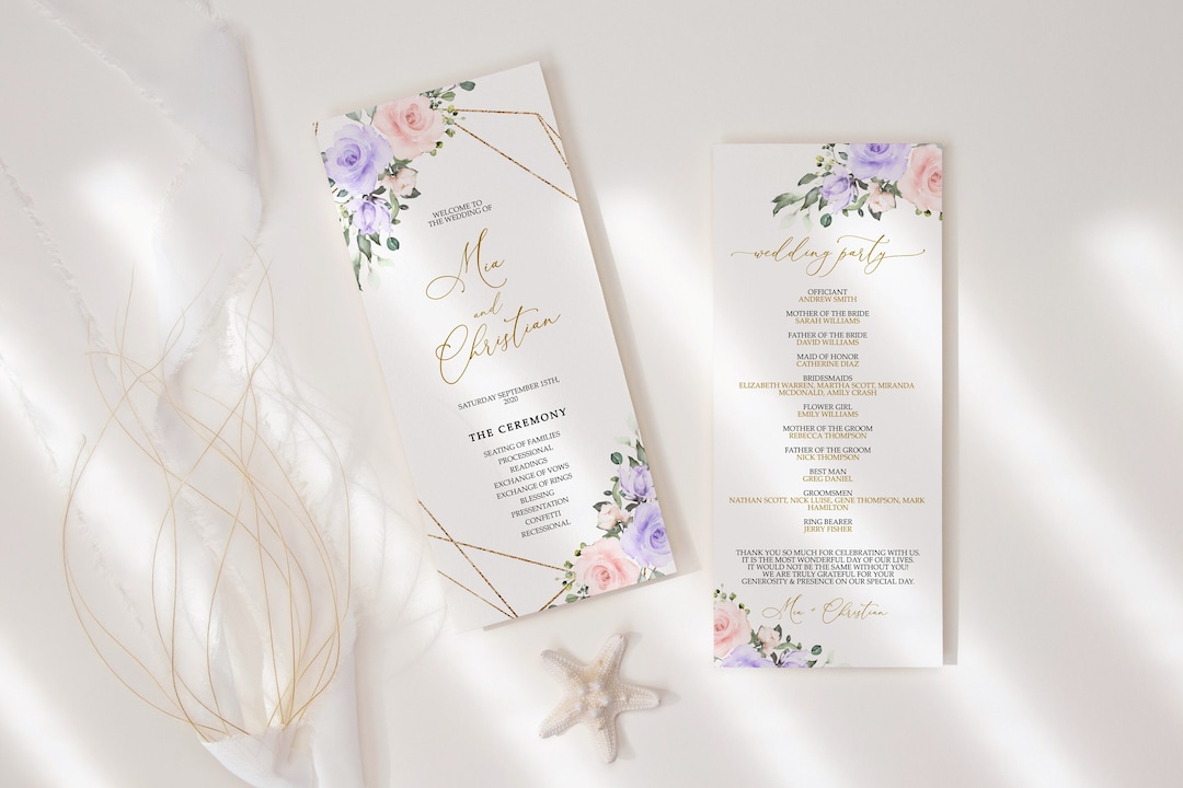 Floral Wedding Program Template: Blush Pink, Violet, and Gold (instant ...