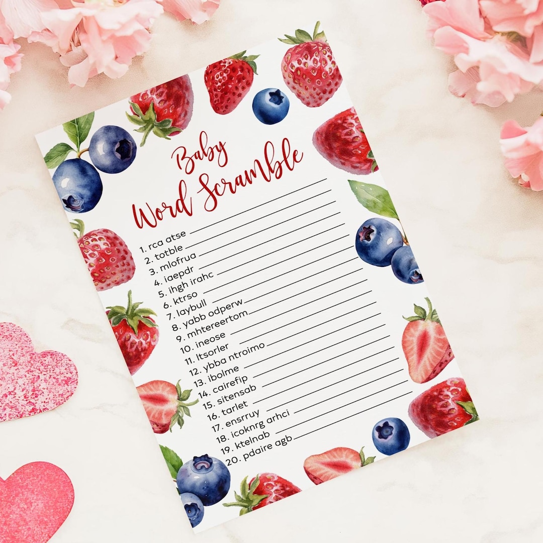Strawberry Blueberry Baby Shower Game: Watercolor Word Scramble ...