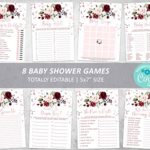 Marsala & Rose Gold Baby Shower Game Set, 100% EDITABLE, Burgundy Games ...