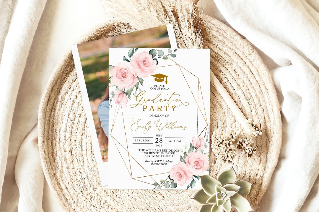 Blush Pink Flowers & Gold Frame Graduation Party Invitation, Printable ...