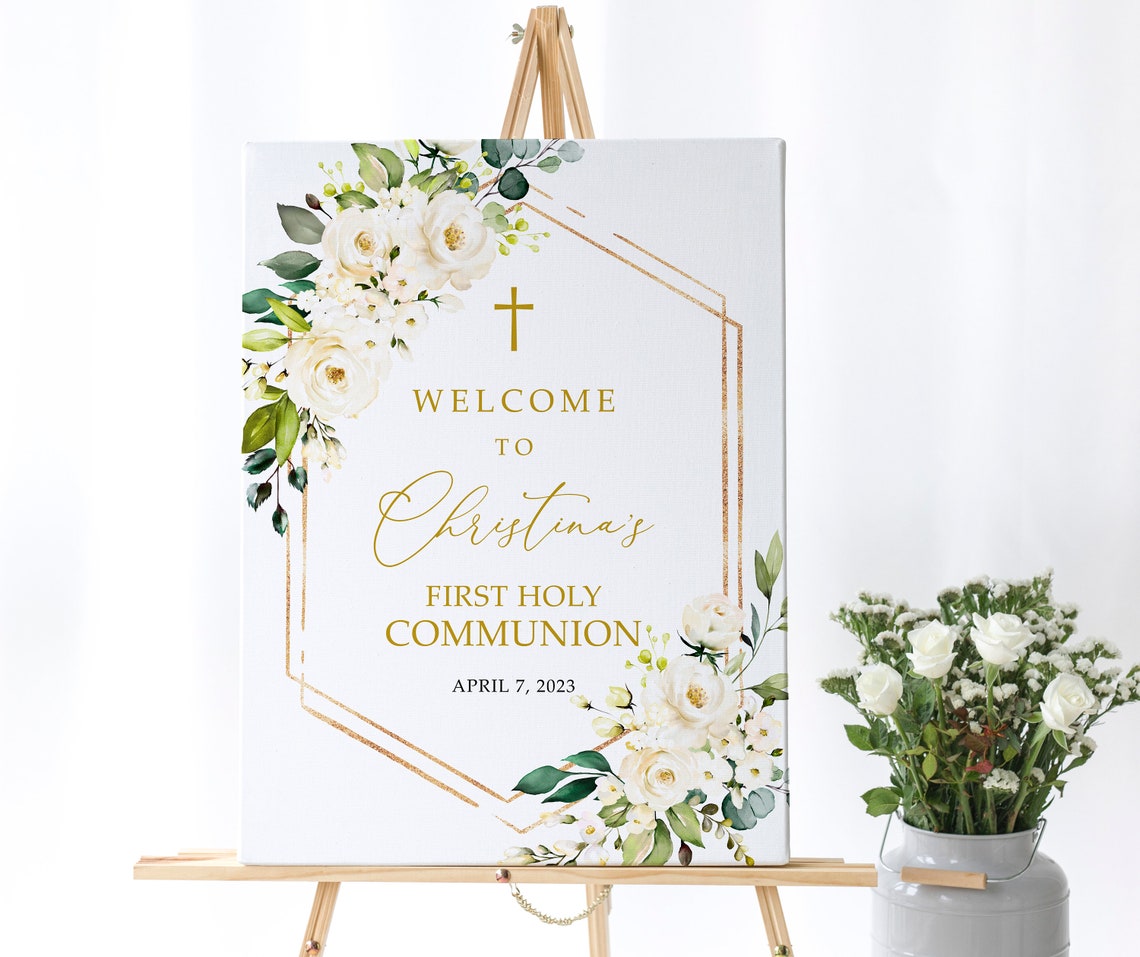 First Holy Communion Welcome Sign EDITABLE Whte Rose & Gold | Etsy